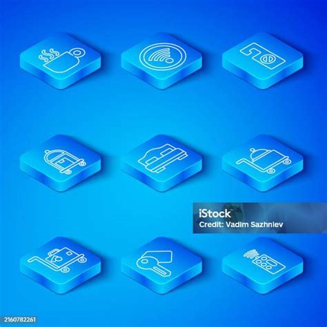 세트 라인 여행 가방 호텔 객실 침대 도어 잠금 키 트레이 커버 방해하지 마십시오 커피 컵 및 리모컨 아이콘 벡터 3차원 형태에