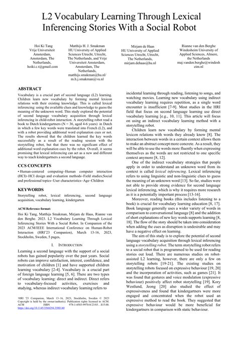 Pdf L2 Vocabulary Learning Through Lexical Inferencing Stories With A Social Robot