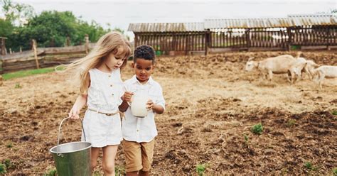 우유를 들고 유럽 소녀와 함께 귀여운 아프리카 계 미국인 소년이 농장에 있습니다 사진 Unsplash의 소년 이미지
