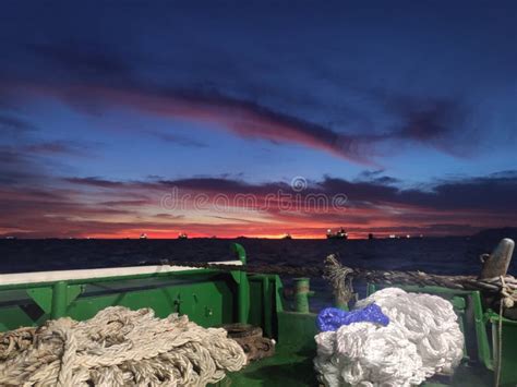 Twilight In The Java Sea When The Ship Was About To Lay Barge Ropes
