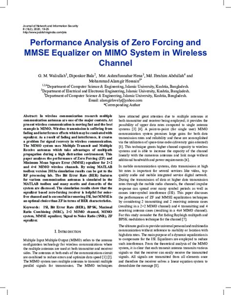 pdf performance analysis of zero forcing and mmse equalizer on mimo