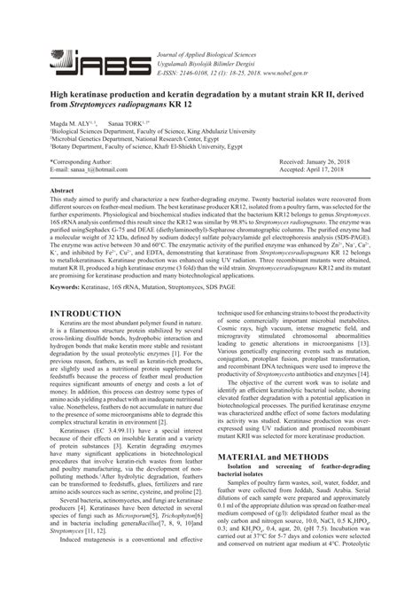 Pdf High Keratinase Production And Keratin Degradation By A Mutant