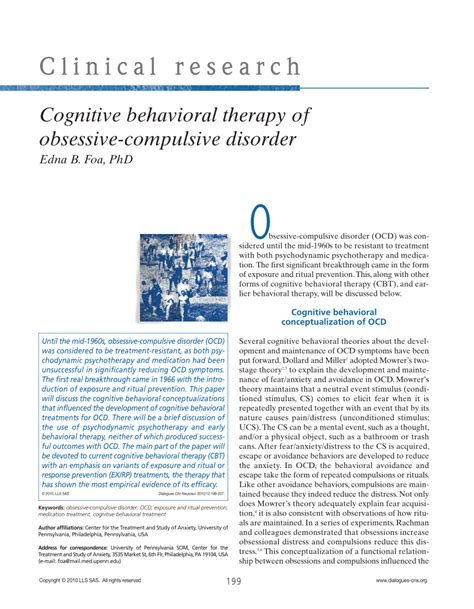 Pdf Cognitive Behavioral Therapy Of Obsessive Compulsive Disorder
