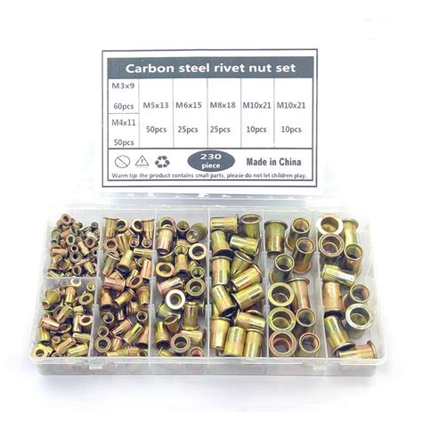 230 ชิ้น กล่อง M3 M10 เหล็กคาร์บอนสี Plated สังกะสีหัวแบนแนวตั้ง Grain Rivet Nut Rivet Nut