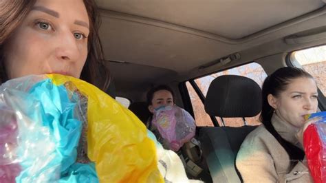 Triple Trouble Loud Beach Ball Inflation In A Car 3 Girls 1 Fetish