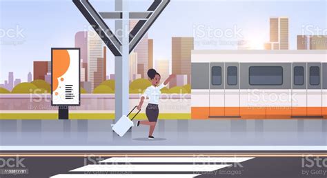기차역 도시 대 중 교통 여성 만화 캐릭터 도시 풍경 배경 전체 길이 수평에 수하물과 기차 아프리카계 미국인 여자를 잡으려고