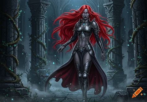 Red Haired Drow Female In Dark Ornate Armor Stands In Overgrown Gothic