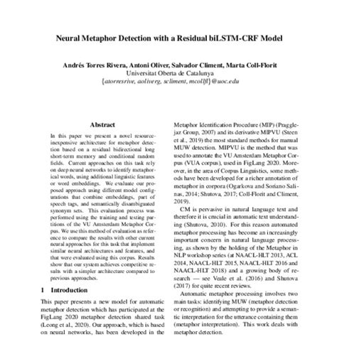 Neural Metaphor Detection With A Residual Bilstm Crf Model Acl Anthology