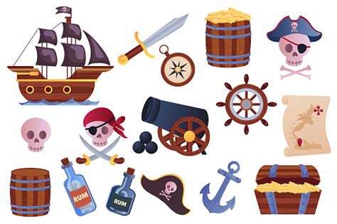 해적 모험 메가 세트 요소는 플랫 그래픽 디자인입니다 배 검 나침반 선장 모자 지도 보물 상자 럼주 병 통 두개골 닻 기타의