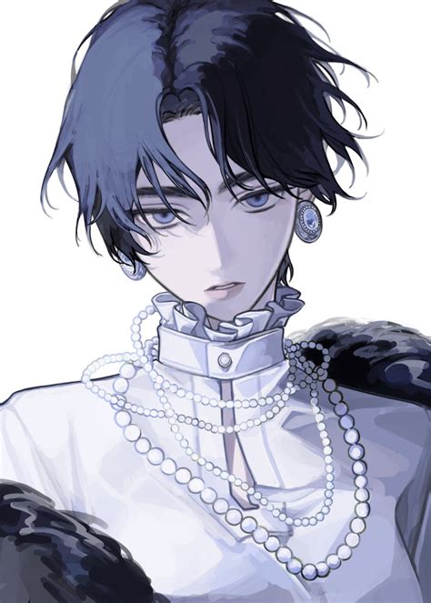 Safebooru 1boy Absurdres Bead Necklace Beads Black Hair Blue Eyes
