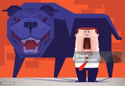 분노한 개 그림자 옆에서 비명을 지르는 사업가 등장인물에 대한 스톡 벡터 아트 및 기타 이미지 등장인물 마케팅 가축 Istock