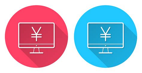 엔 기호가 있는 데스크탑 컴퓨터 빨간색 또는 파란색 배경에 긴 그림자가 있는 둥근 아이콘 개념에 대한 스톡 벡터 아트 및 기타 이미지 개념 구매 그림자 Istock