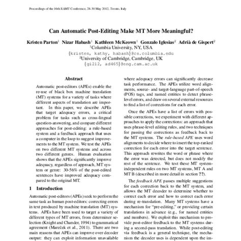 Can Automatic Post Editing Make Mt More Meaningful Acl Anthology