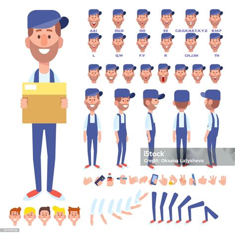 배달 사람 창조와 다양 한 플레이 헤어스타일 입술 Synching 감정 포즈 제스처 설정 나름에 대한 스톡 벡터 아트 및 기타