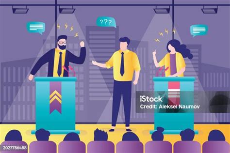 토크쇼를 보고 있는 시청자들 투표 전 정치 Tv 토론 트리뷴과 발표자 또는 앵커맨 뒤에 서있는 사람들의 만화 캐릭터가있는 스튜디오 인테리어 다운로드에 대한 스톡 벡터 아트