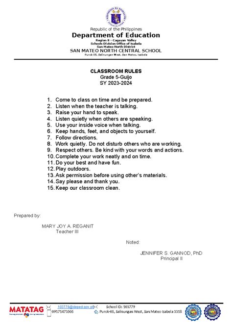 Classroom Rules Republic Of The Philippines Department Of Education