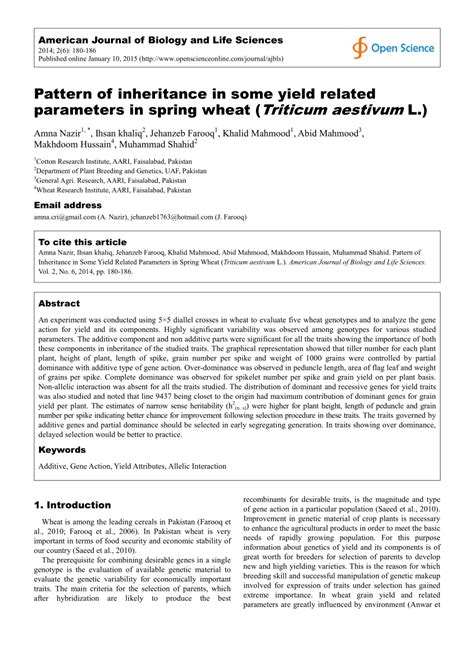 pdf pattern of inheritance in some yield related parameters in spring wheat triticum aestivum