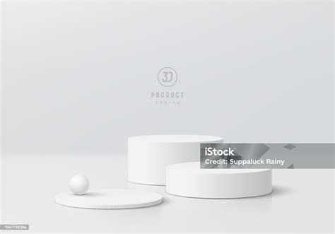 추상적인 3d 배경입니다 사실적인 흰색과 회색 수준의 실린더 받침대 연단의 세트입니다 벽 최소 모형 화장품 디스플레이 기하학적