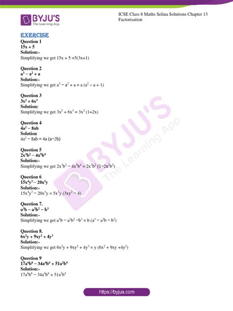 Icse Class 8 Maths Selina Solutions Chapter 13 Factorisation Pdf