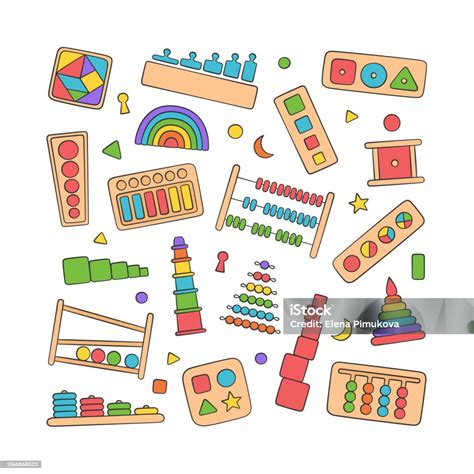몬테소리 게임을위한 손으로 그린 아이 장난감 유치원 어린이를위한 교육 논리 장난감 낙서 드로잉에 대한 스톡 벡터 아트 및 기타