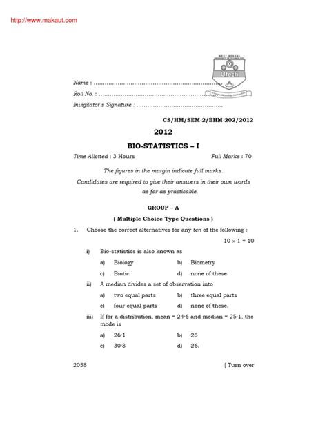 Hm 202 Bio Statistics 1 2012 Pdf Normal Distribution Mean