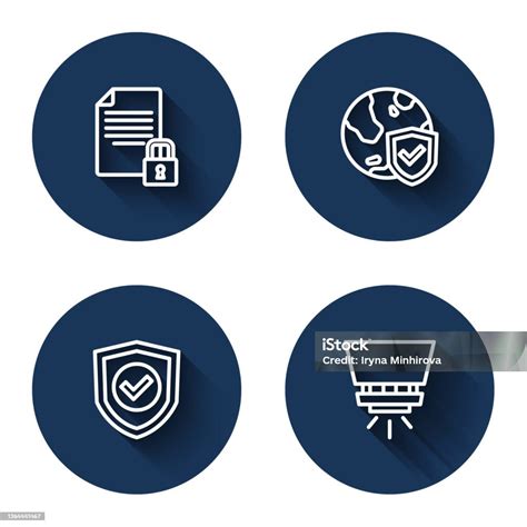 Set Line Document And Lock Shield With World Globe Check Mark And Fire Sprinkler System With