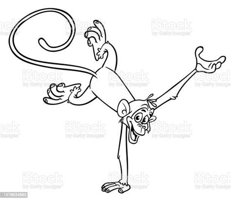 만화 재미있는 원숭이 손으로 서서 서커스 트릭을 하고 있다 행복한 원숭이 침팬지의 벡터 삽화는 색칠 공부 페이지 책에 대 한 윤곽을 그리며 가공의 인물에 대한 스톡 벡터