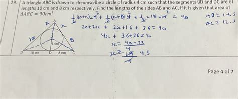 a triangle a b c is drawn to circumscribe a circle of radius 4 cm such th