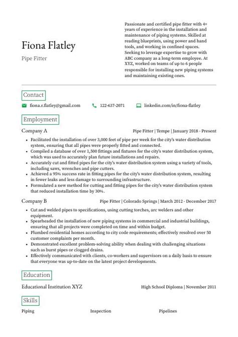 Pipe Fitter Resume Cv Example And Writing Guide