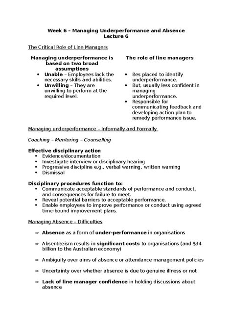 Lecture 6 Managing Underperformance And Absence Week 6 Managing