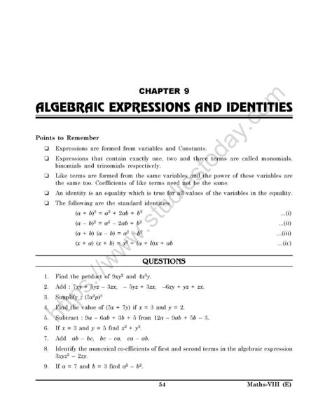 Cbse Class 8 Mental Maths Algebraic Expressions And Identities Worksheet