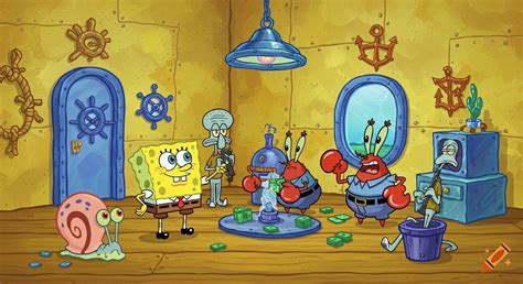 Spongebob Gary Squidward And Mr Krabs In A Cartoon Scene On Craiyon