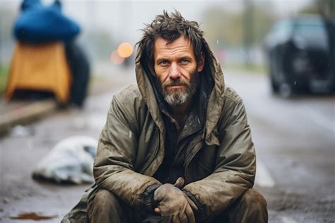 Premium Photo Sad Homeless Man Sitting On The Street In Winter