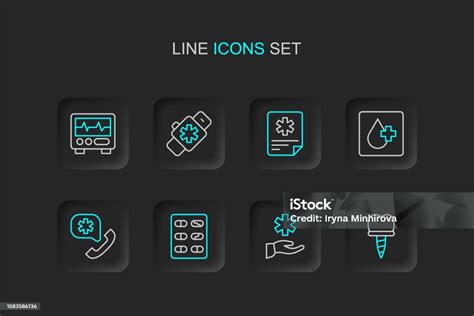 세트 라인 치과 임플란트 크로스 병원 의료 물집 팩의 알약 응급 전화 911 혈액 검사 환자 기록 심장이 있는 스마트 시계 및 모니터 심전도 아이콘 벡터 1위에 대한 스톡