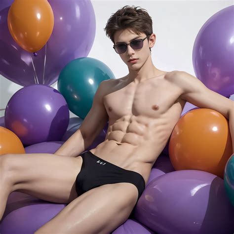 14 Year Old Boy Lying On Big Violet Balloons Lying On Big Orange