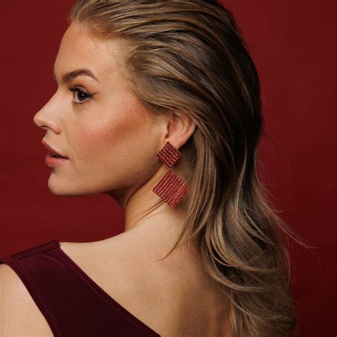 Double Square Strass Earrings Bordeaux Red Paulie Pocket