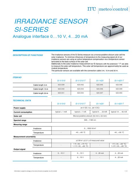 Db Irradiance Sensor Si Series En Pdf Solar Cell Equipment