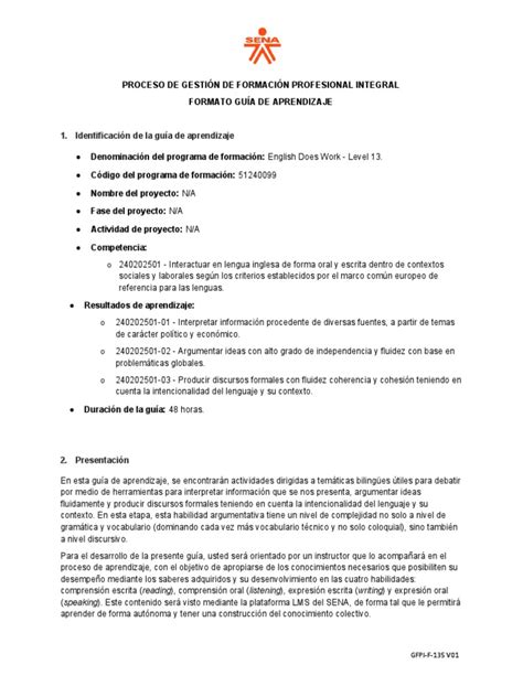 Guia Aprendizaje 1 English Does Work Level 13 Sena Pdf Aprendizaje Léxico