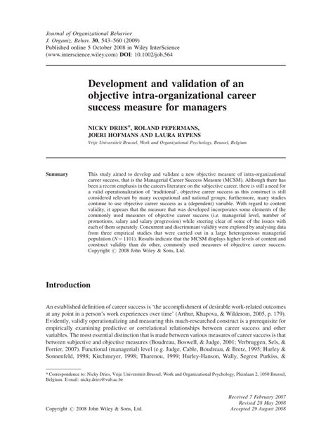 Pdf Development And Validation Of An Objective Intra‐organizational Career Success Measure For