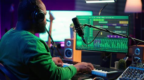 Young Artist Playing Piano Keys And Singing Song On Microphone Composing His New Music And