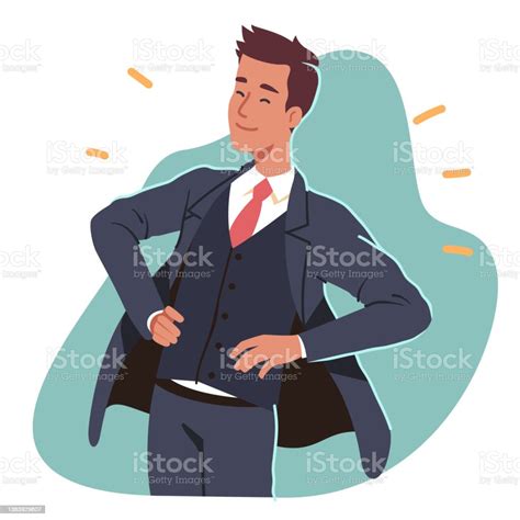 엉덩이에 손을 들고 서있는 자랑스러운 리더 사업가 경력 성취를 가진 자신감 성공적인 임원 관리자 사업가 인물 캐릭터 리더십 승리 컨셉 플랫 벡터 일러스트레이션 남자에 대한