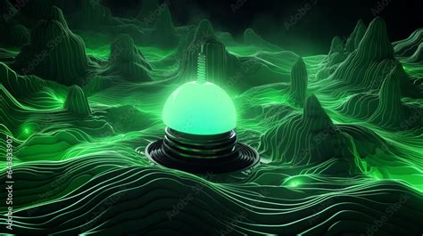Glowing Green Iot Sensor Bulb Abstract Cyber Topography Landscape