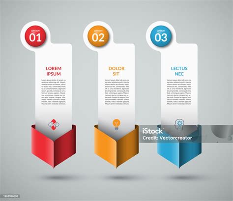 아래를 가리키는 3 개의 화살표가있는 인포 그래픽 템플릿 다이어그램 그래프 차트 보고서 웹 디자인에 사용할 수 있습니다 벡터 일러스트레이션 3가지 개체에 대한 스톡 벡터