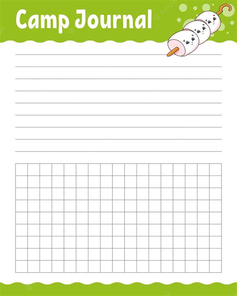 캠프 저널을 위한 줄이 그어진 시트 템플릿 필기 용지 다이어리 플래너 체크리스트 위시리스트 귀여운 캐릭터 벡터 일러스트