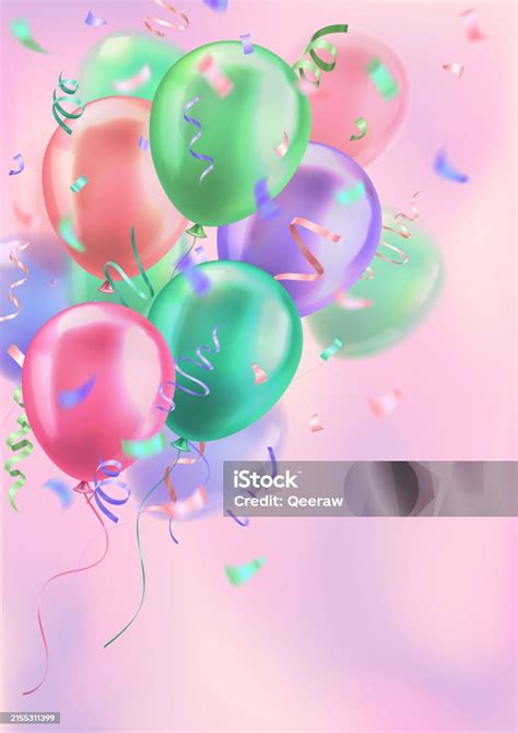 3d 다채로운 풍선과 텍스트 또는 초대장을 위한 빈 공간이 있는 색종이 조각이 있는 인사말 카드 3차원 형태에 대한 스톡 벡터 아트 및 기타 이미지 Istock