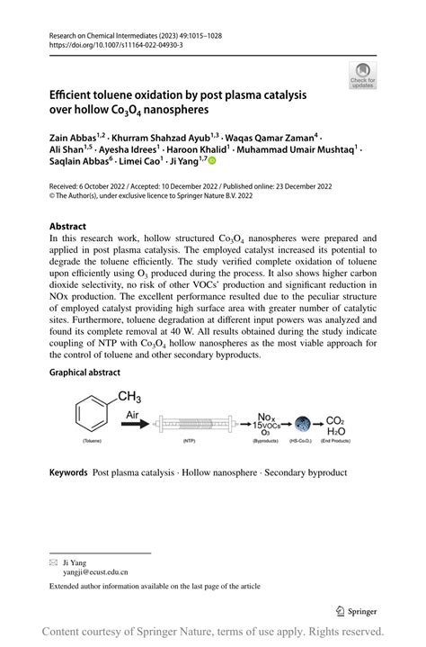 Efficient Toluene Oxidation By Post Plasma Catalysis Over Hollow Co3o4