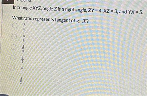 solved 10 pomts in triangle xyz angle z is a right angle zy 4 xz 3