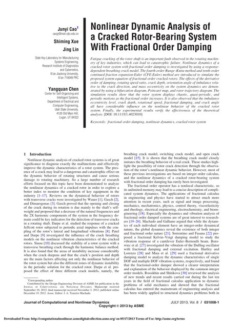 Pdf Nonlinear Dynamic Analysis Of A Cracked Rotor Bearing System With Fractional Order Damping