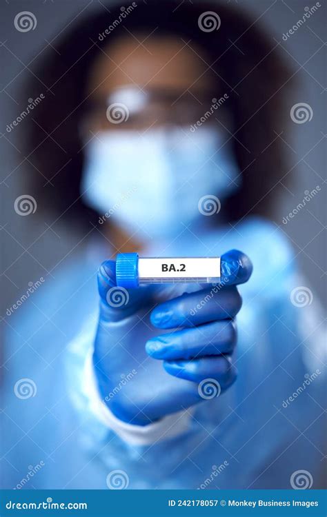 Studio Portrait Of Female Lab Research Worker Wearing Ppe Holding Test