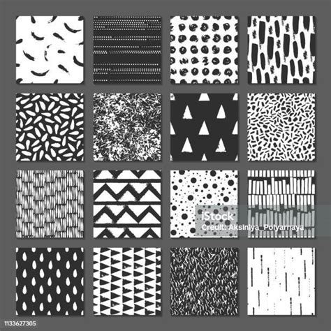 16 완벽 한 패턴의 집합입니다 물방울 점 선 줄무늬 원 정사각형 및 사각형 추상 양식은 넓은 펜과 잉크를 그려 흑백의 배경입니다 손으로 그린 벡터 일러스트입니다